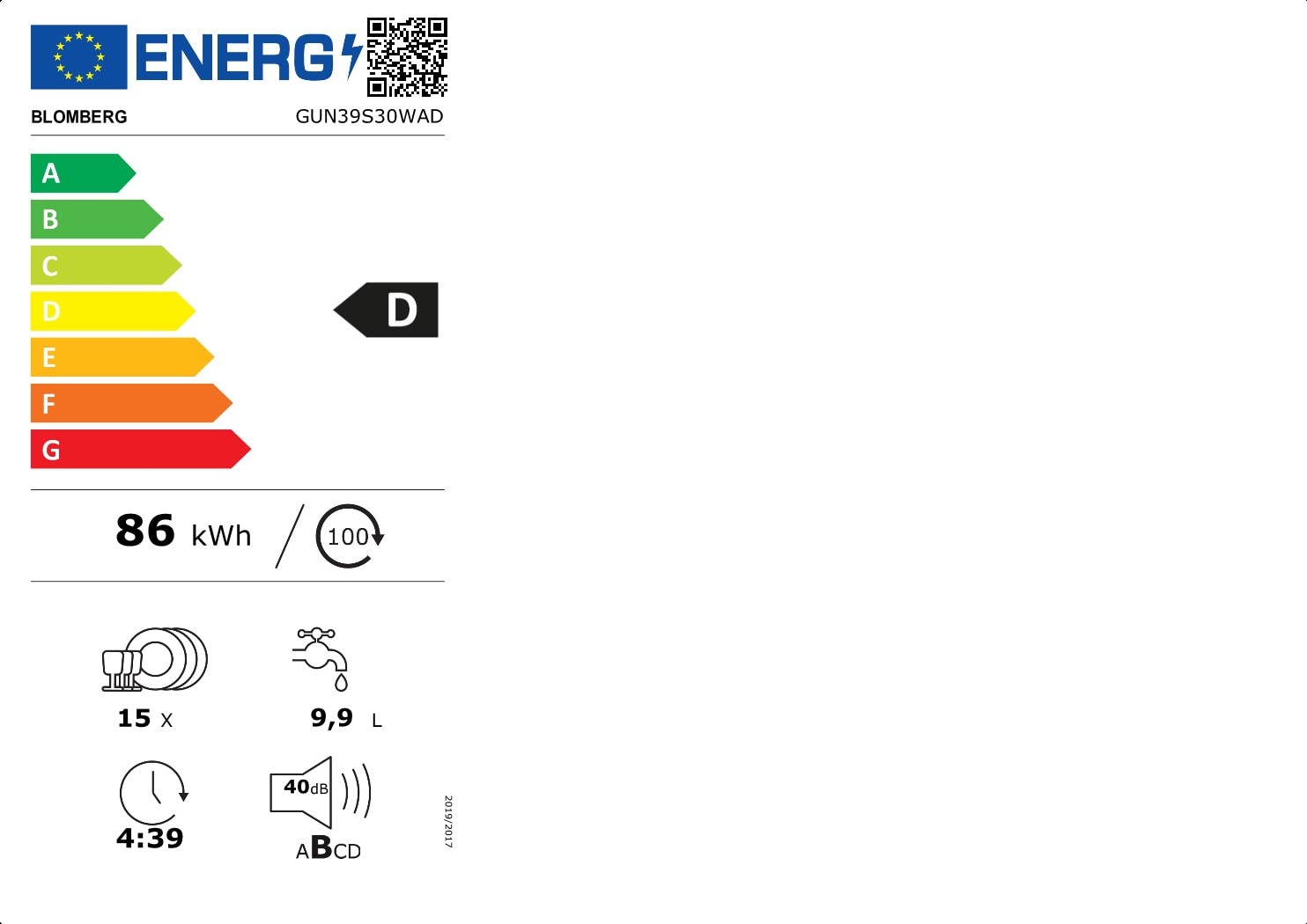 GUN39S30WAD | Opvaskemaskine (15 kuverter, Full Size) | BLOMBERG