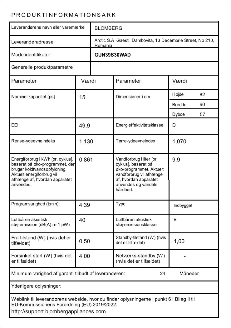 GUN39S30WAD | Opvaskemaskine (15 kuverter, Full Size) | BLOMBERG